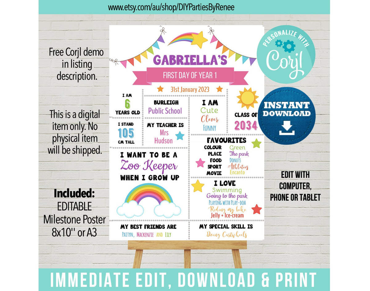 DIGITAL - EDITABLE - Milestone Poster - Rainbow - First day of Year 1 ...